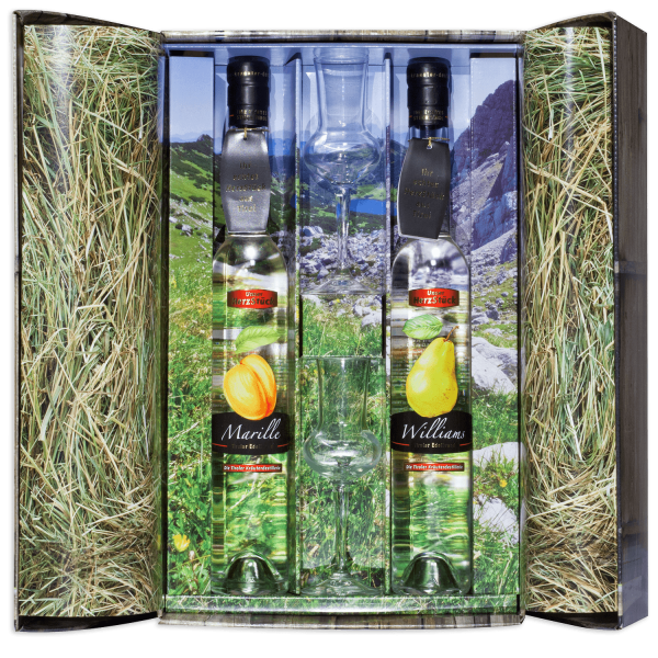 Buy Fruit Brandy Box 2 with glasses 40% Vol. 0.7 Liter from Tyrol online